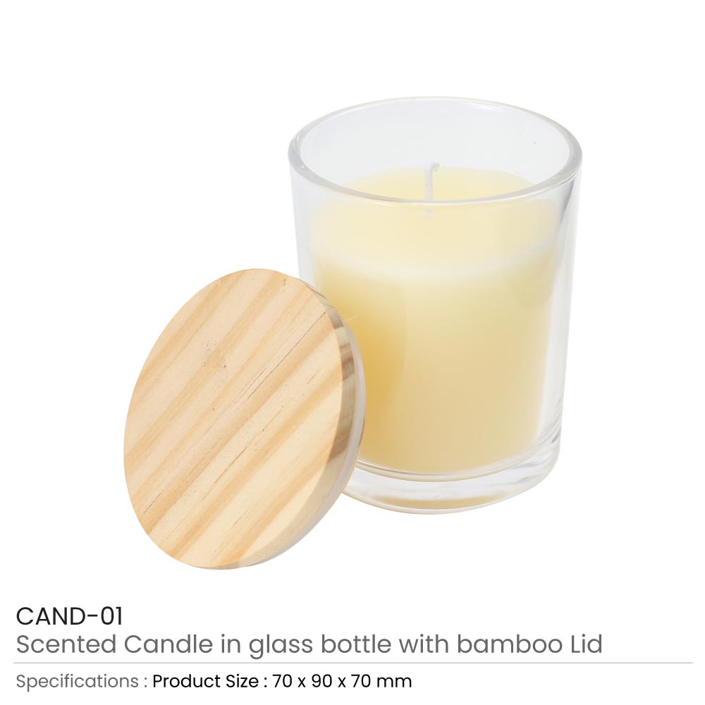Scented Candle in Glass Bottle with Bamboo Lid | Promotional Gifts ...