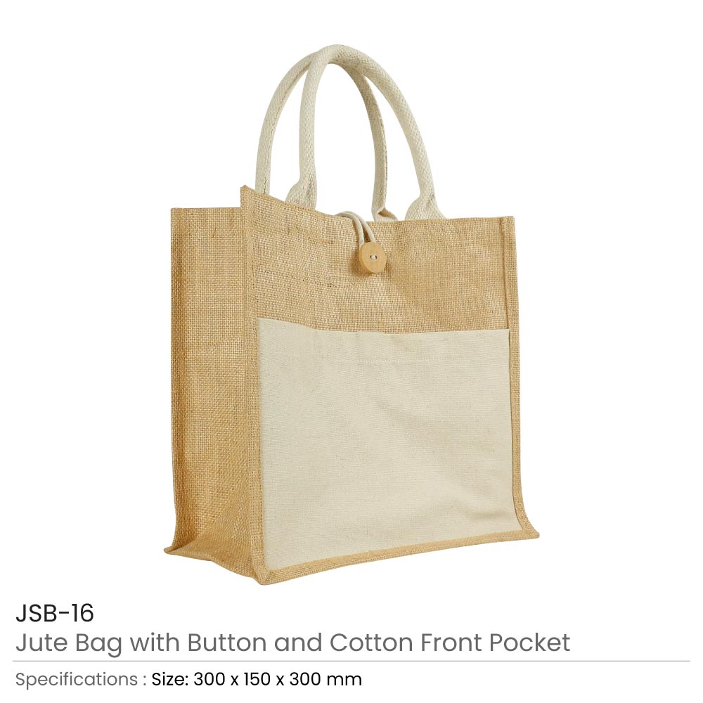 Eco-Friendly Jute Bags with Front Cotton Pocket & Button Closure ...