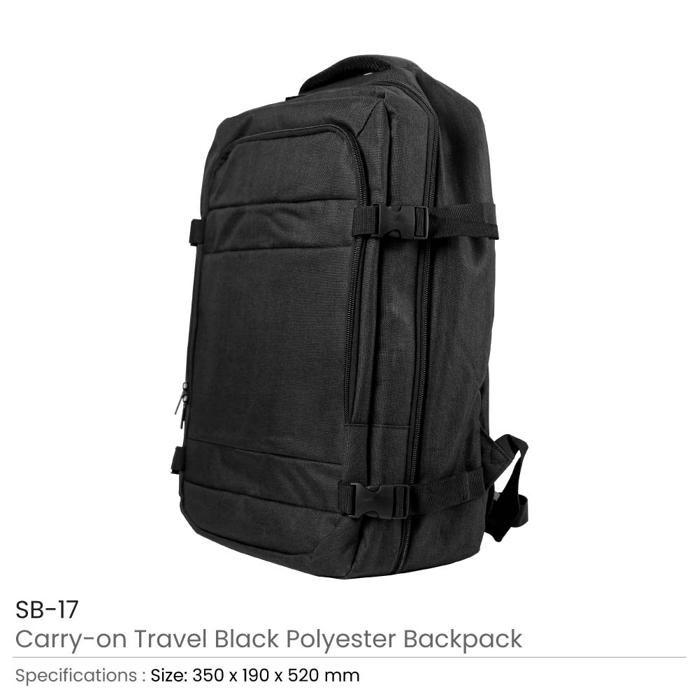 Travel Backpacks in Black Polyester Material | Promotional Gifts Suppliers